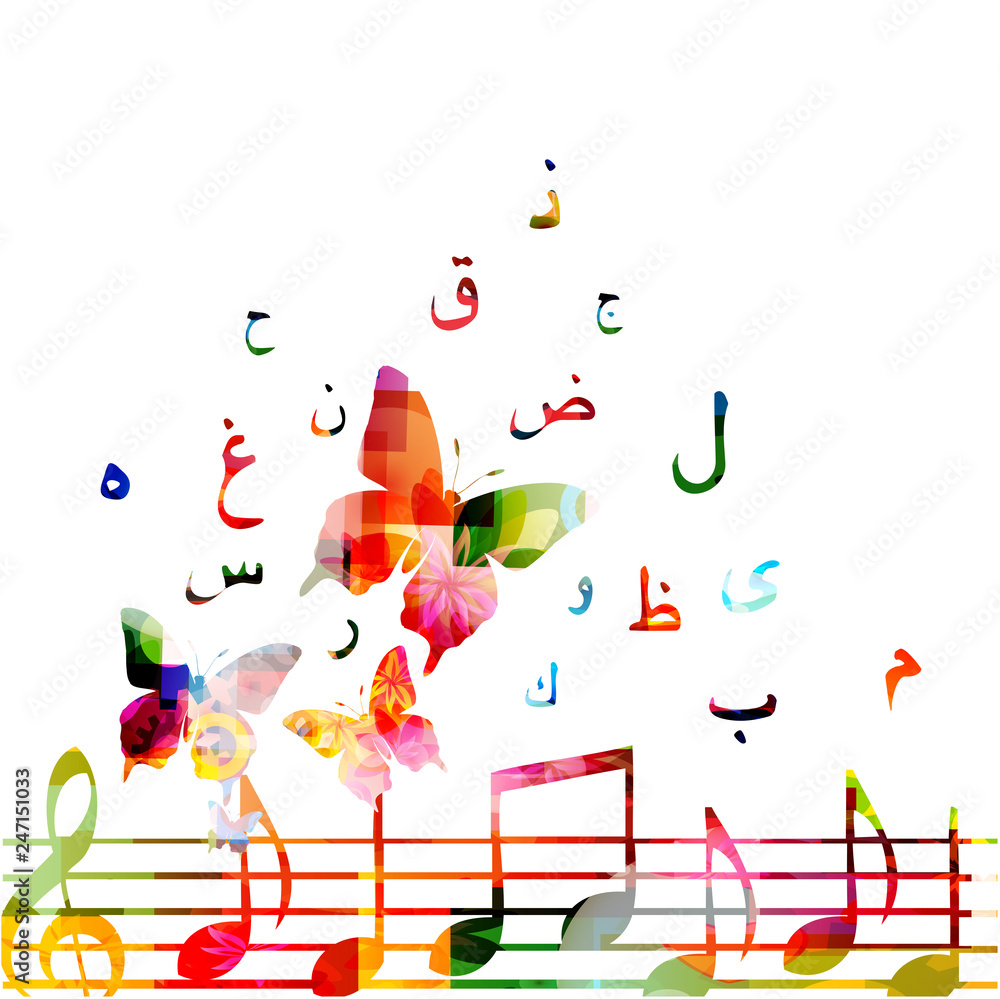 Music background with colorful music notes and Arabic Islamic ...