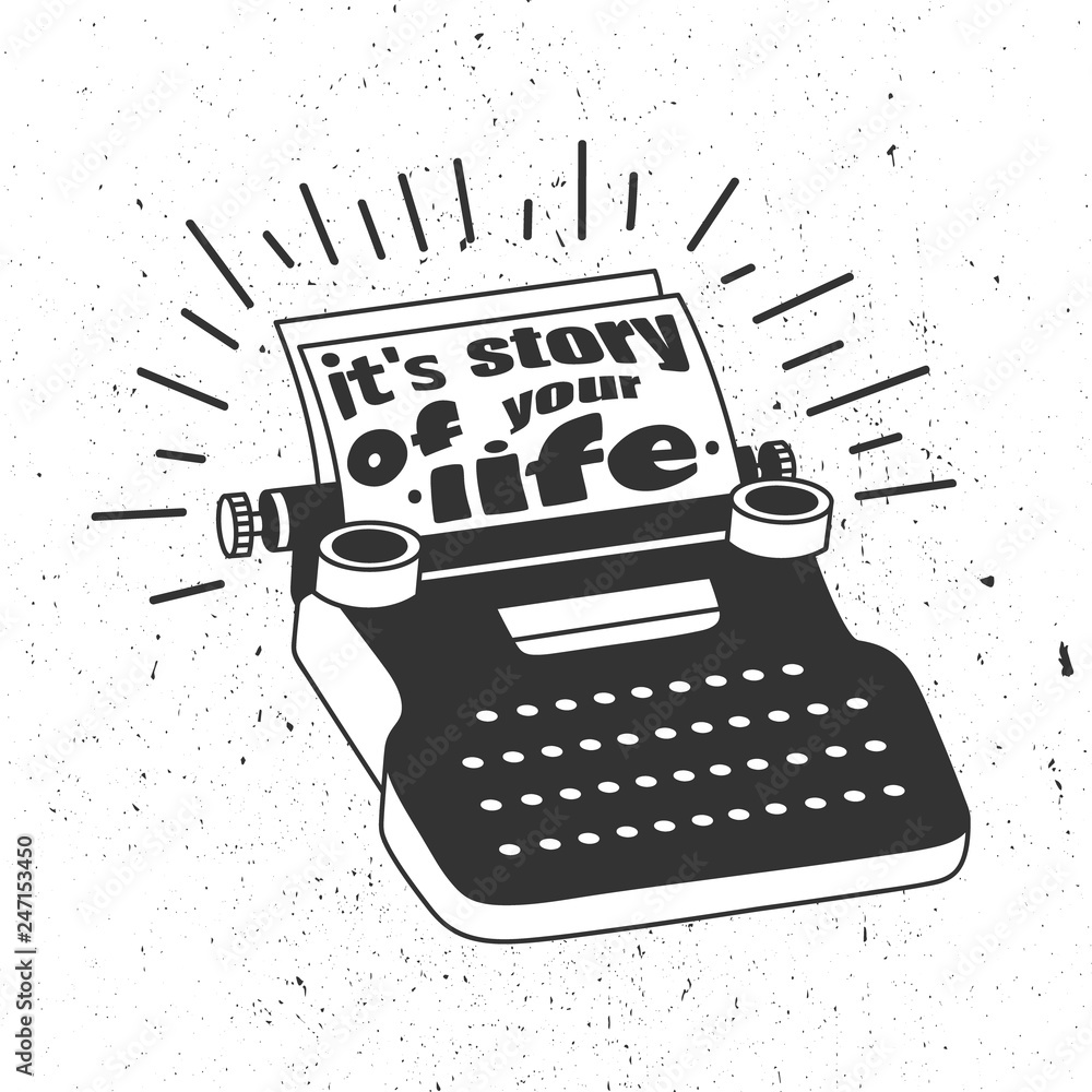 Illustration with typewriter, sheets of paper and english text. Black ...