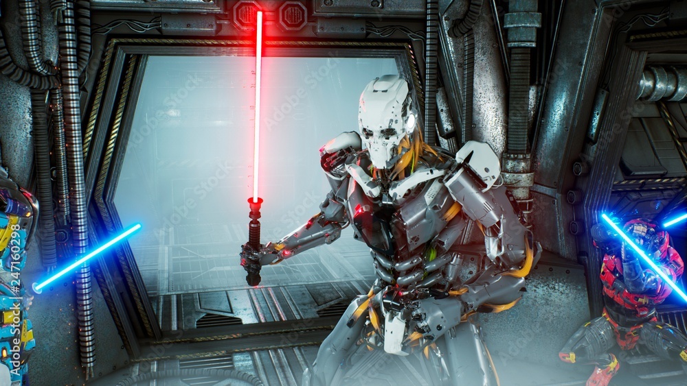 Astronauts with laser swords hid in an ambush on an alien robot invader ...
