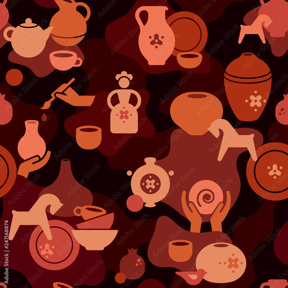 Pottery seamless pattern with the hands of an artisan, a ceramic woman ...