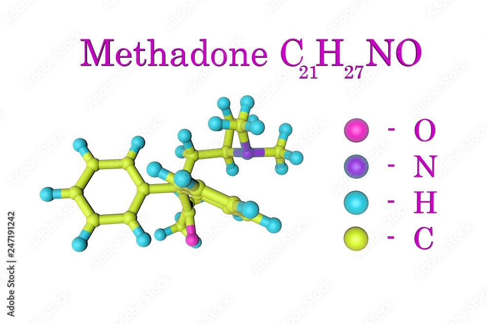 Molecular structure of methadone. Atoms are represented as spheres with ...