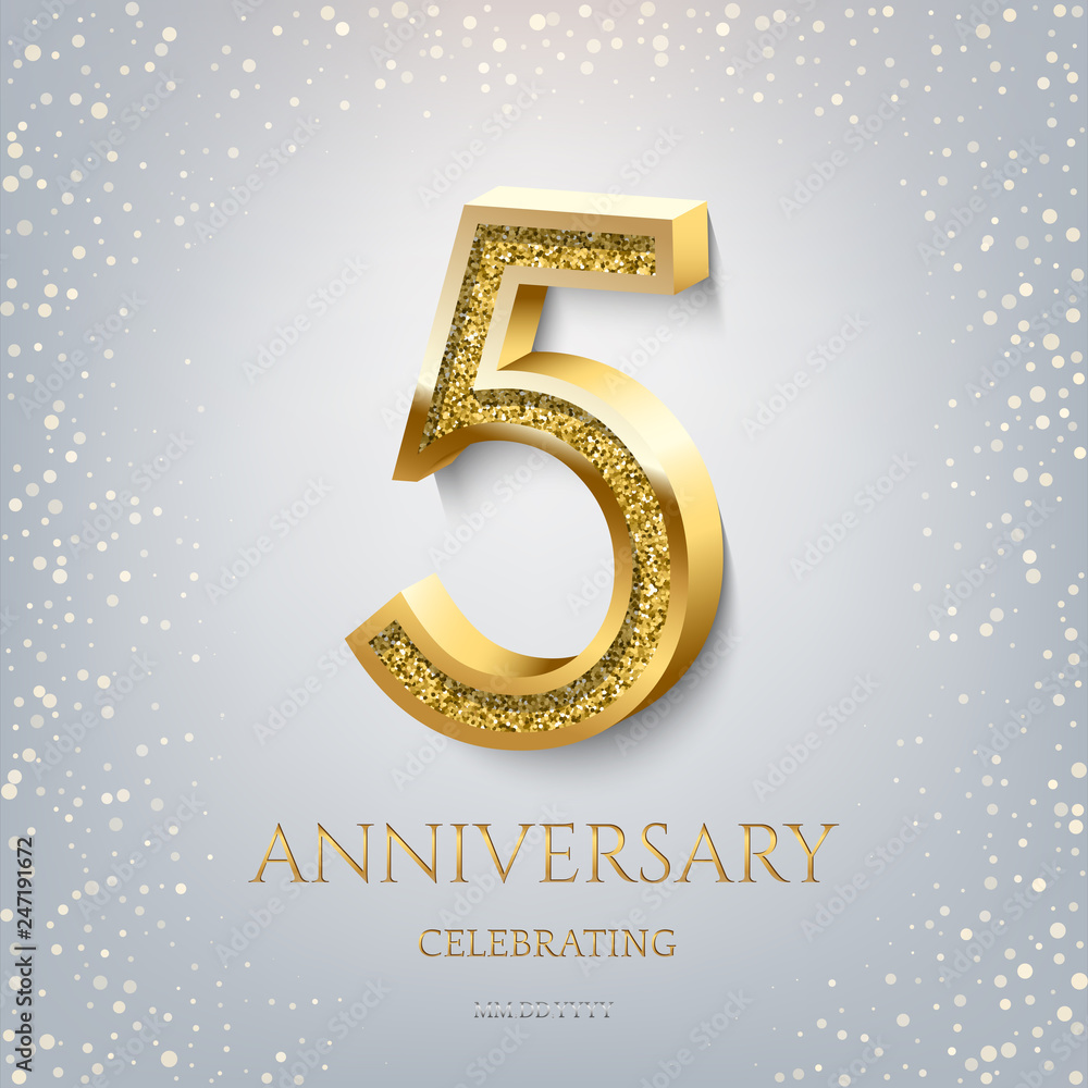 5th Anniversary Celebrating golden text and confetti on light blue ...