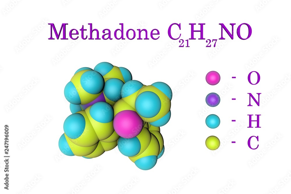 Molecular structure of methadone. Atoms are represented as spheres with ...