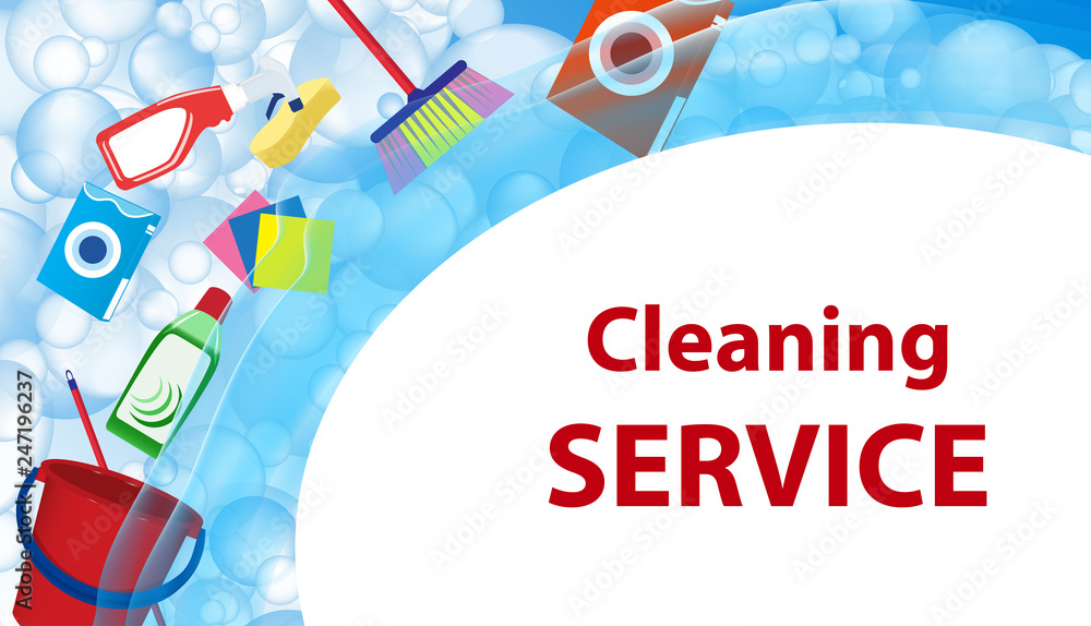Cleaning service blue background. Poster or banner with soap bubbles ...