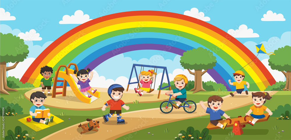 Happy excited kids having fun together on playground. Children play ...