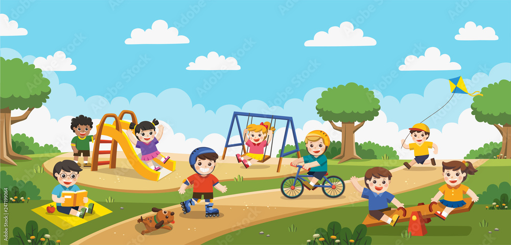 Happy excited kids having fun together on playground. Children play ...