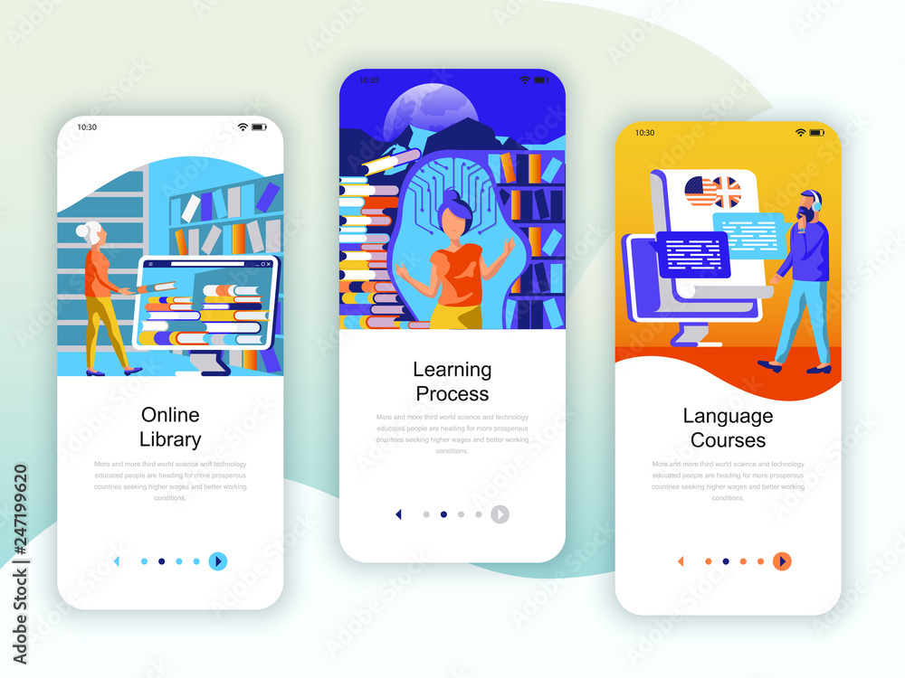 Set of onboarding screens user interface kit for Library, Learning ...