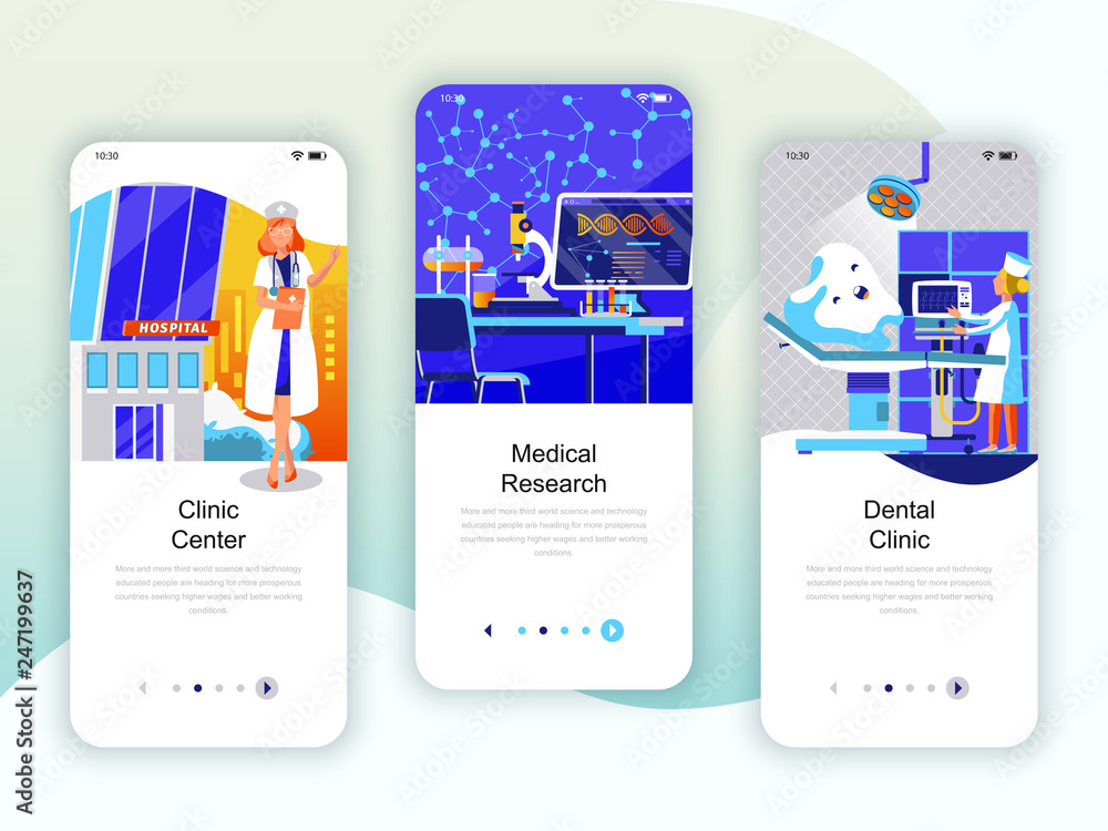 Set of onboarding screens user interface kit for Medicine, Research ...
