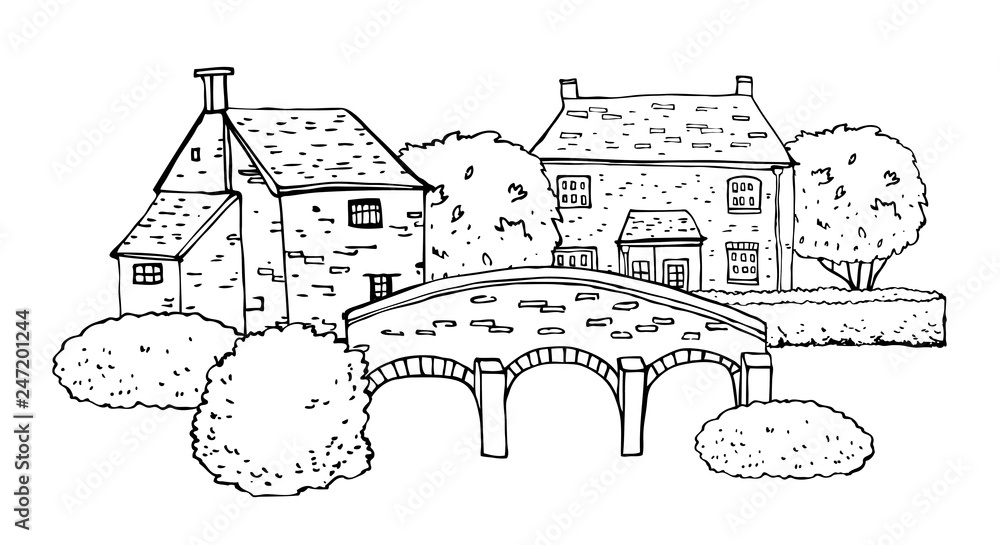 Old english village scene. Vector sketch hand drawn illustration ...