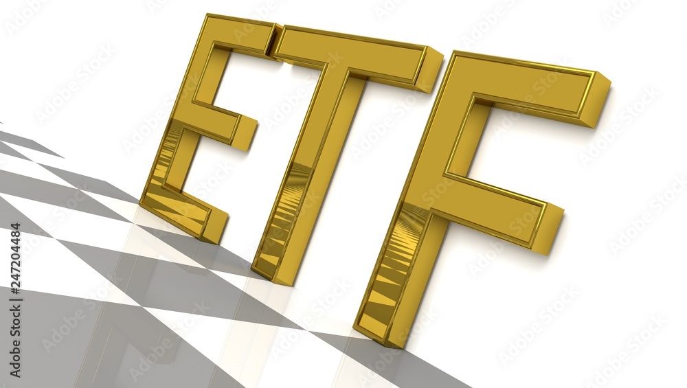 ETF sign in gold and glossy letters on a white background and a ...