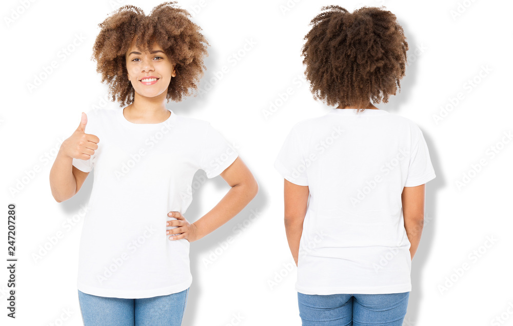 African american girl in white t shirt template and shadow on isolated ...