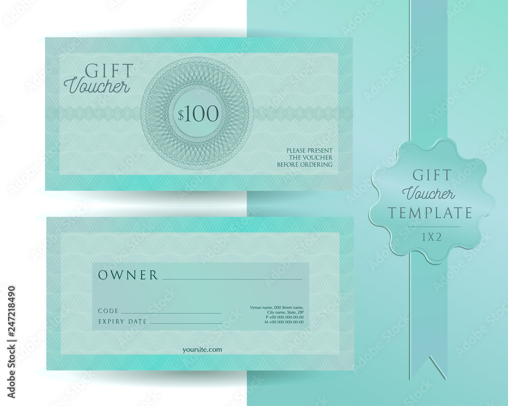 turquoise green blue template for 100 dollars gift voucher with ...