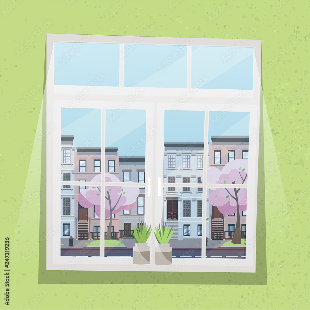 Window with view of houses on street with road in town, pink trees in ...