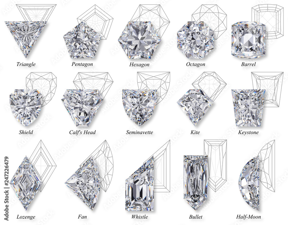 Fifteen fancy diamond cut styles with faced diagrams, titles, isolated ...