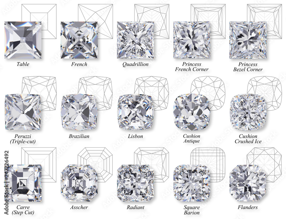 Square diamond cut varieties with faced diagrams, titles, isolated on ...