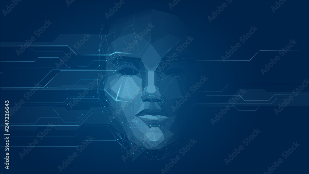 Concept of artificial intelligence face, robot face combined with ...