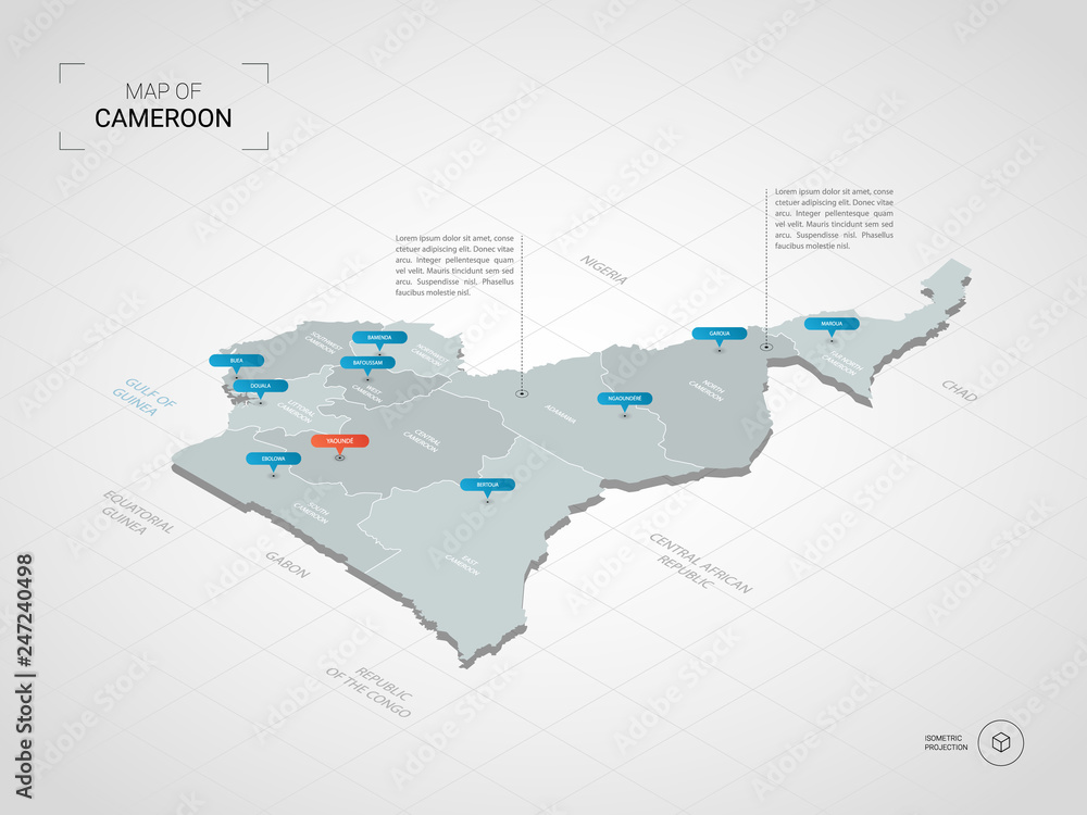 Isometric 3D Cameroon map. Stylized vector map illustration with cities ...