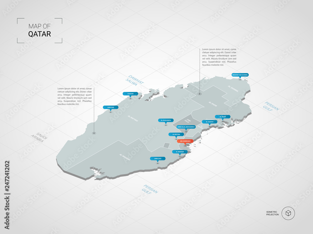 Isometric 3D Qatar map. Stylized vector map illustration with cities ...