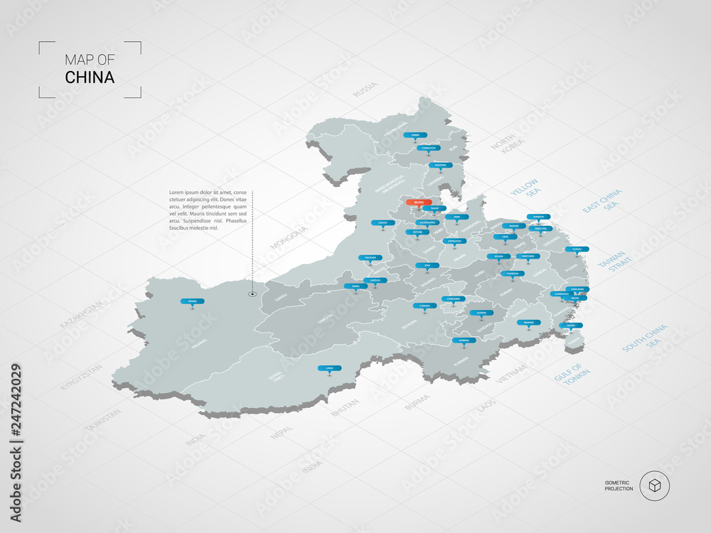 Isometric 3D China map. Stylized vector map illustration with cities ...