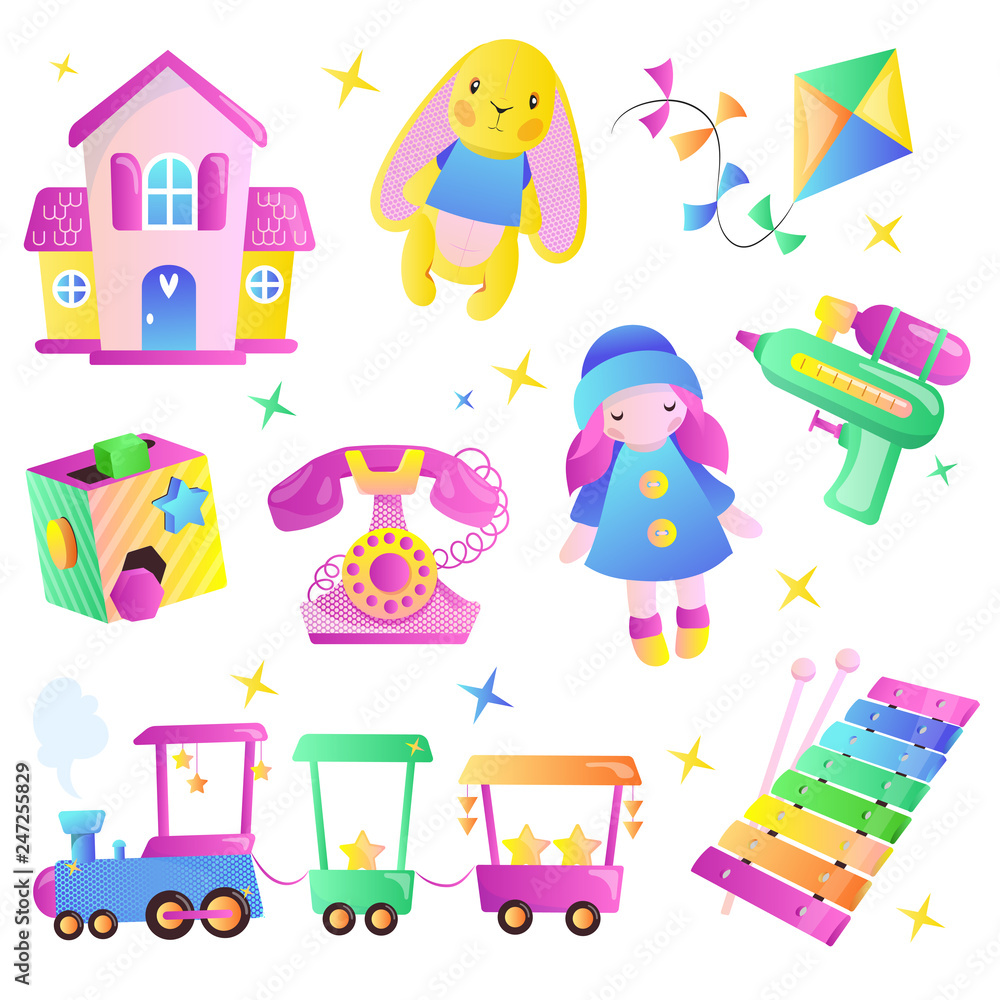 Kids toys vector cartoon style illustration. Multicolor cute toys for ...