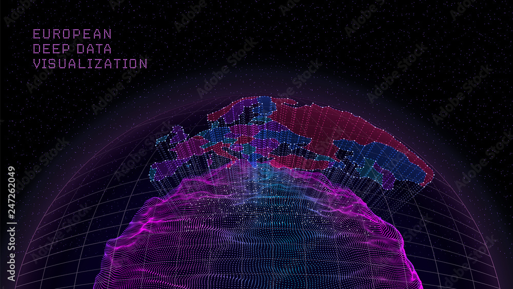 Europe map from particles. Wave of data from nodes. Vector abstract ...