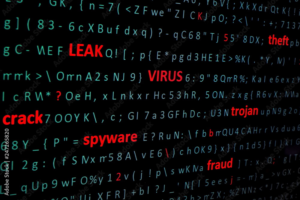 on screen of pc monitor string of words leak, virus, spyware, Trojan ...