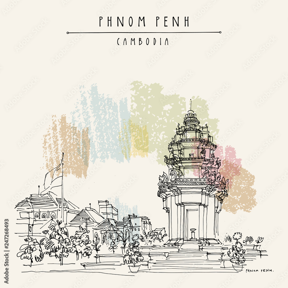 Phnom Penh, Cambodia. Independence monument travel sketch. Artistic ...