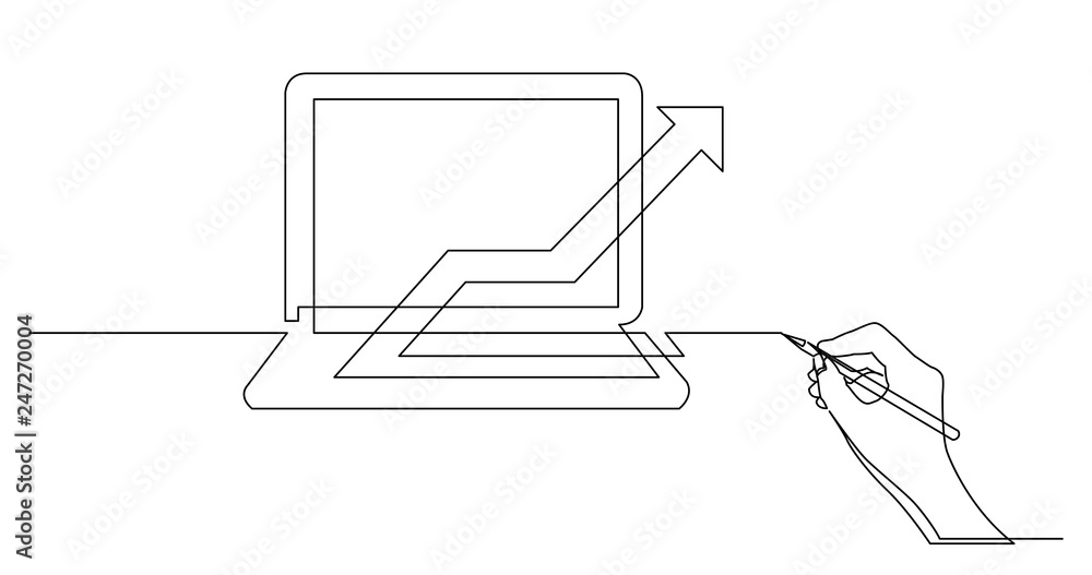 hand drawing business concept sketch of laptop computer with rising ...