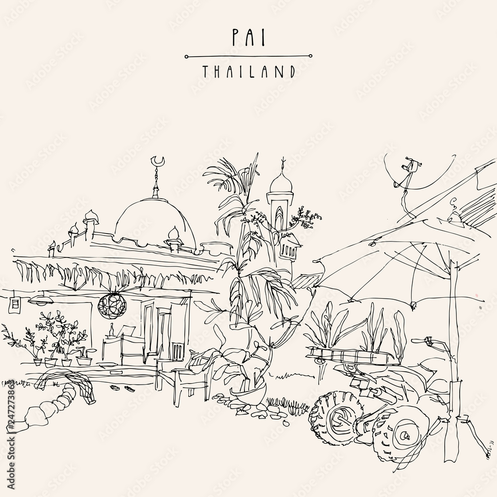 Pai Thailand hand drawn vintage artistic postcard template Stock ...
