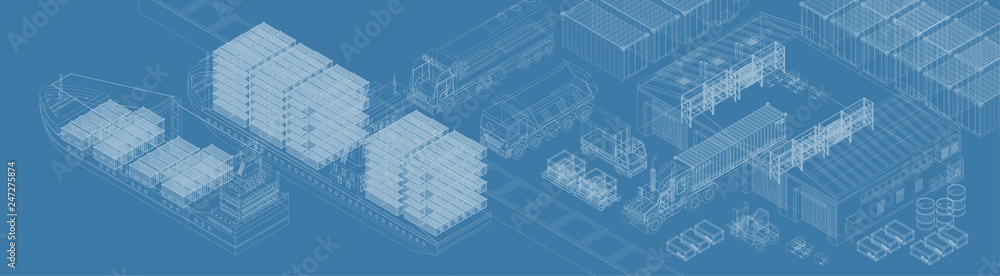 Blueprint of sea port and warehouse on isometric vector design Stock ...