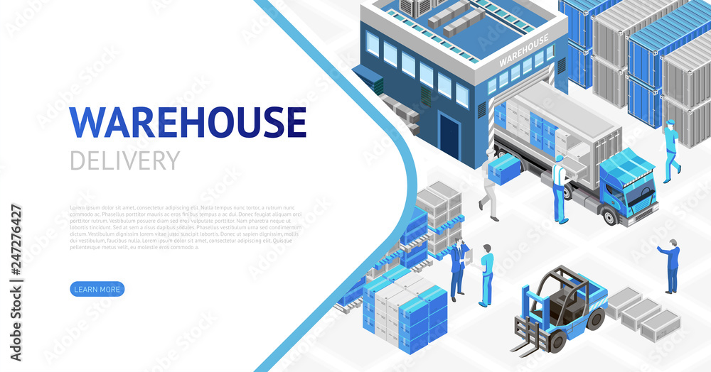 Net page with isometric design of modern cartoon warehouse showing ...