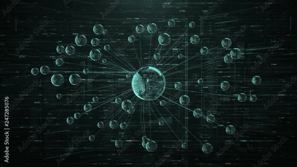 Futuristic technological SciFi Intro.HUD spheres connected to globe ...