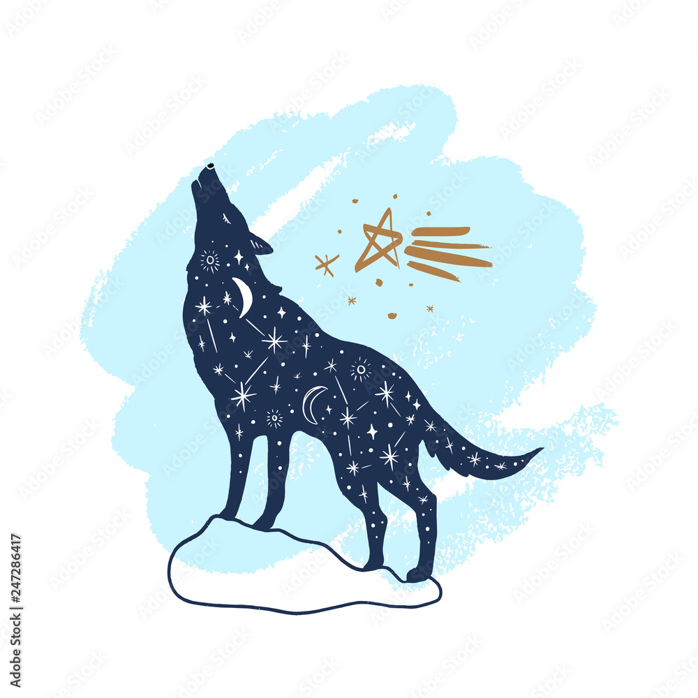 Wolf With Moon And Stars