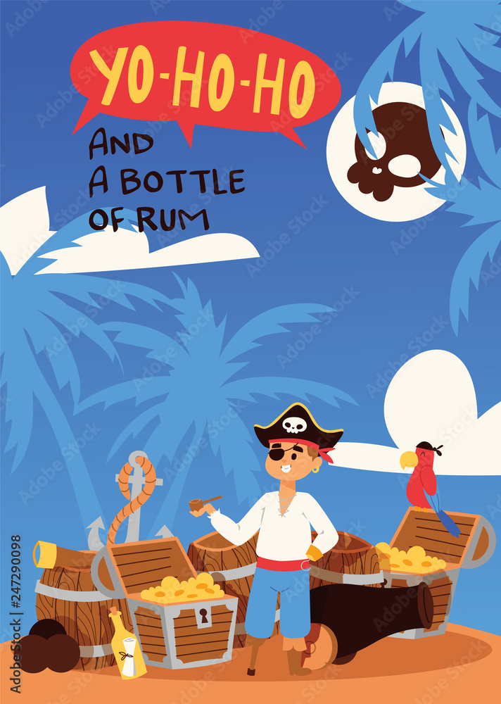 Piratic vector pirating chest and flag skull backdrop pirate character ...