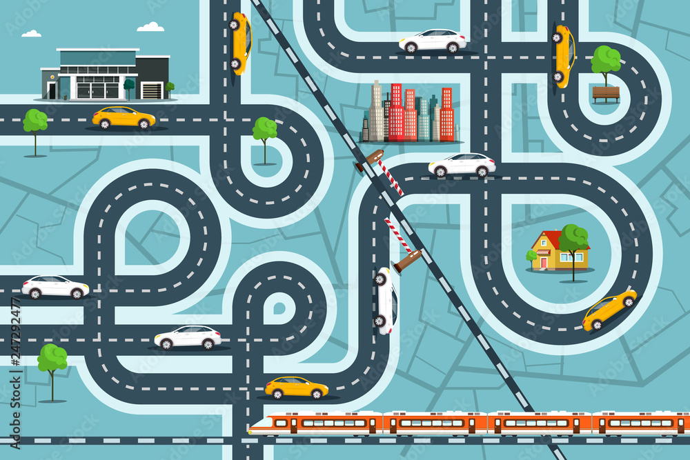 City Map with Cars on Roads. Top View Town Life with Railroad, Streets ...