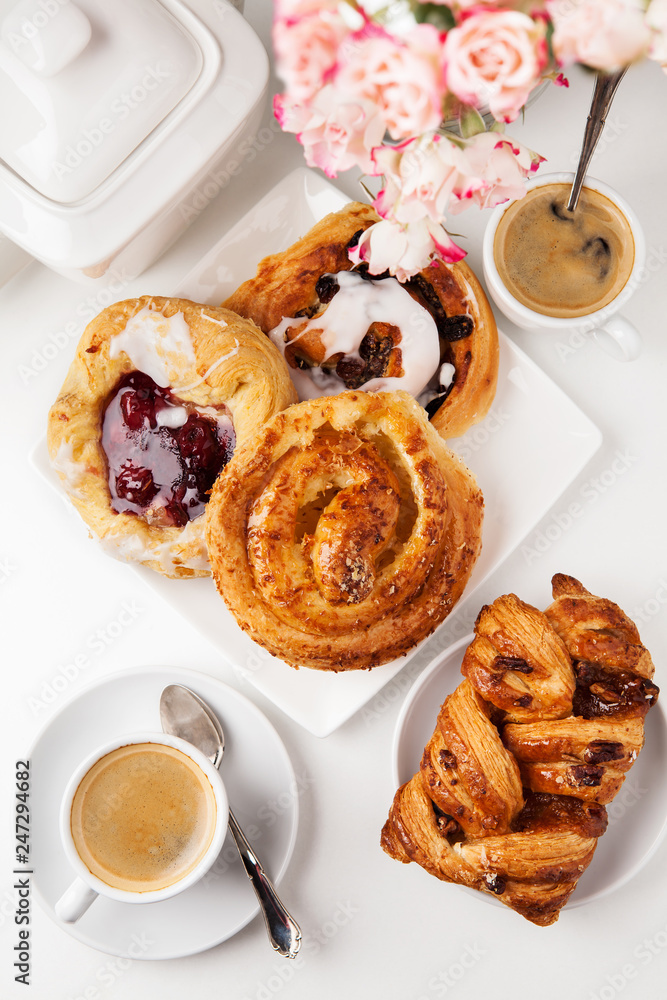 Breakfast setup with Danish pastries and coffee Stock Photo | Adobe Stock