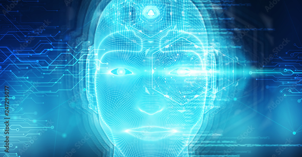 Robotic man cyborg face representing artificial intelligence 3D ...