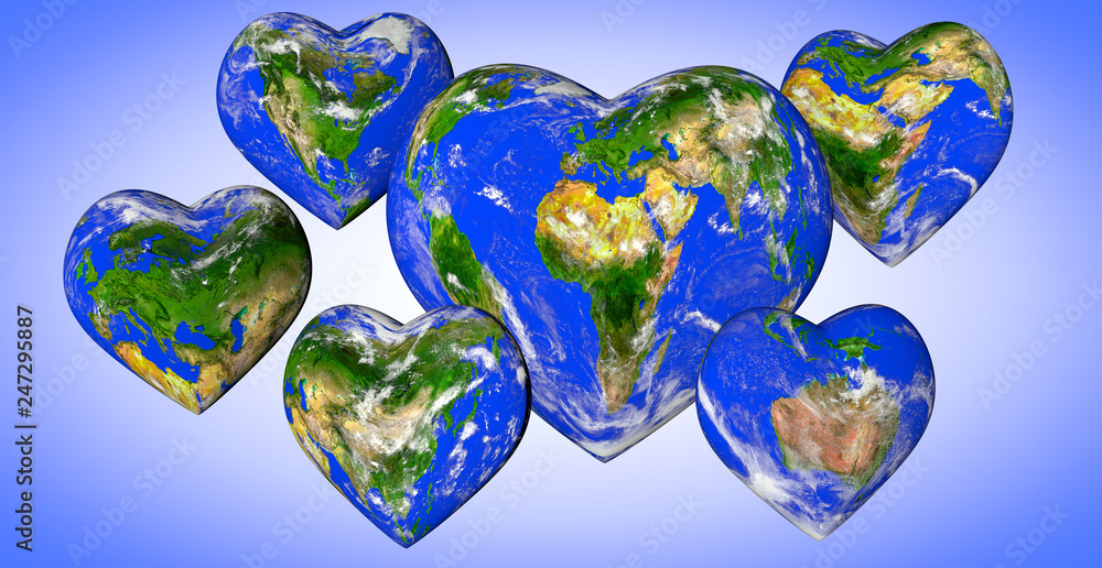 planet earth in shape of heart and continents orbiting earth globe, 3d ...