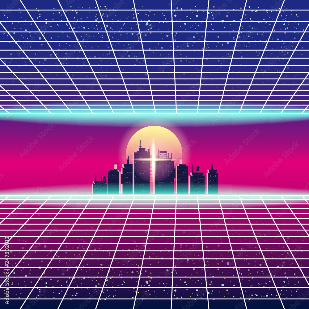 Synthwave Retro Futuristic Landscape With City, Sun, Stars And Styled ...