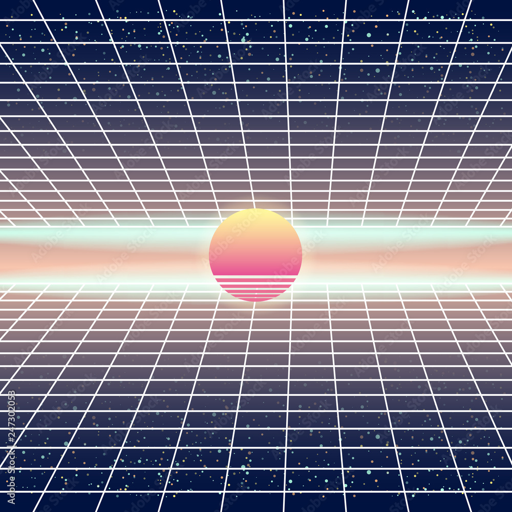 Synthwave Retro Futuristic Landscape With Sun And Styled Laser Grid ...