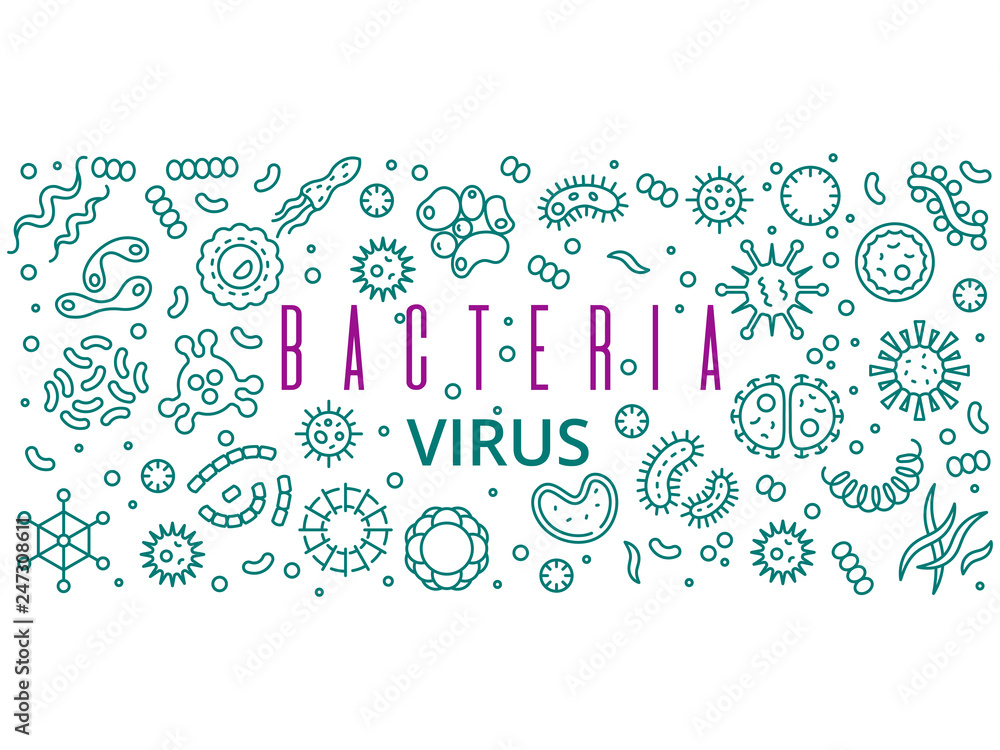 Line bacteries, viruses vector banner poster design. Bacterial and ...