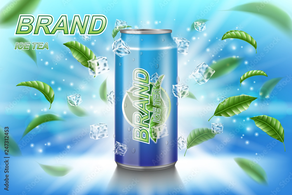 Ice tea label ads with green leaves on blue background. Package design ...
