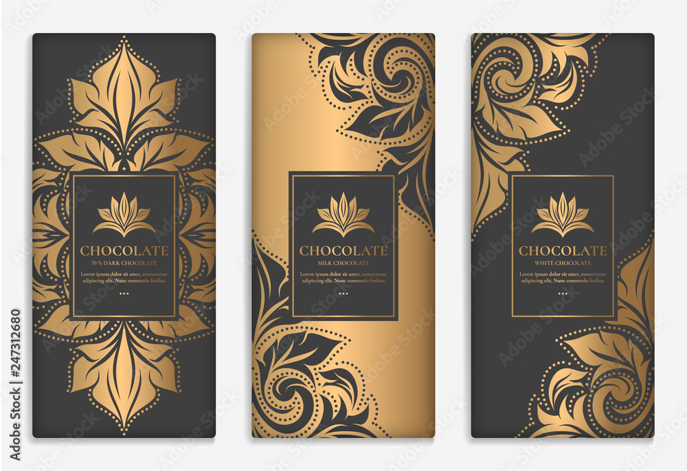 Gold and black packaging design of chocolate bars. Vintage vector ...