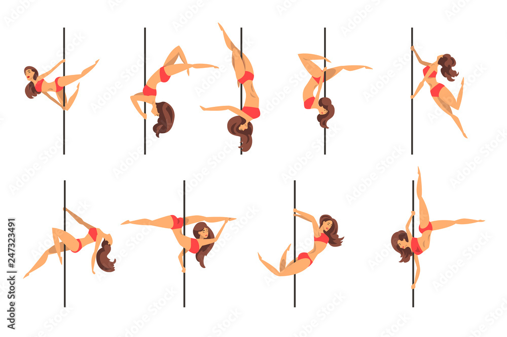 Young pole dance women set, beautiful pole dancers showing some tricks ...
