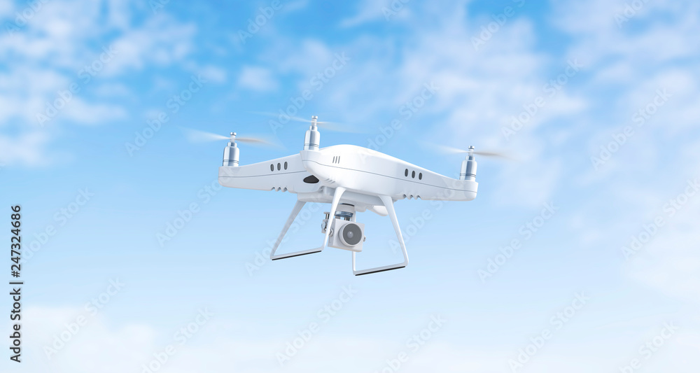 Blank white flying quadcopter mockup on sky background, 3d rendering ...