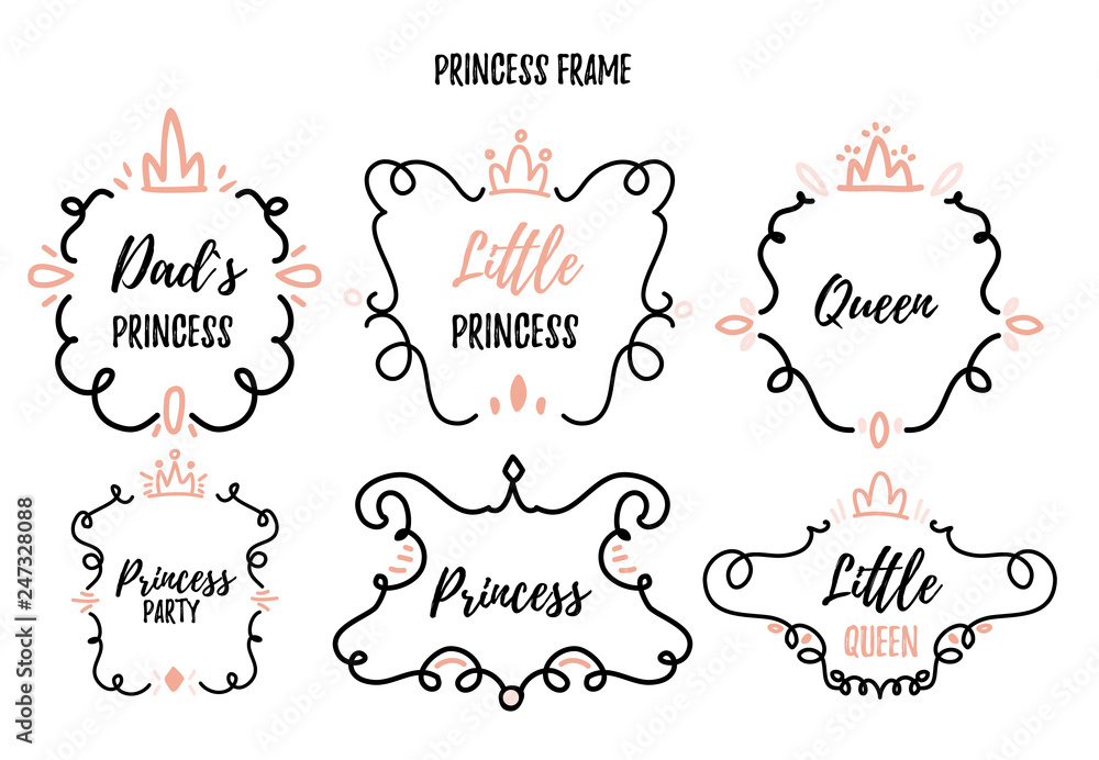 Little princess frame set in doodle style for baby shower, birthday ...