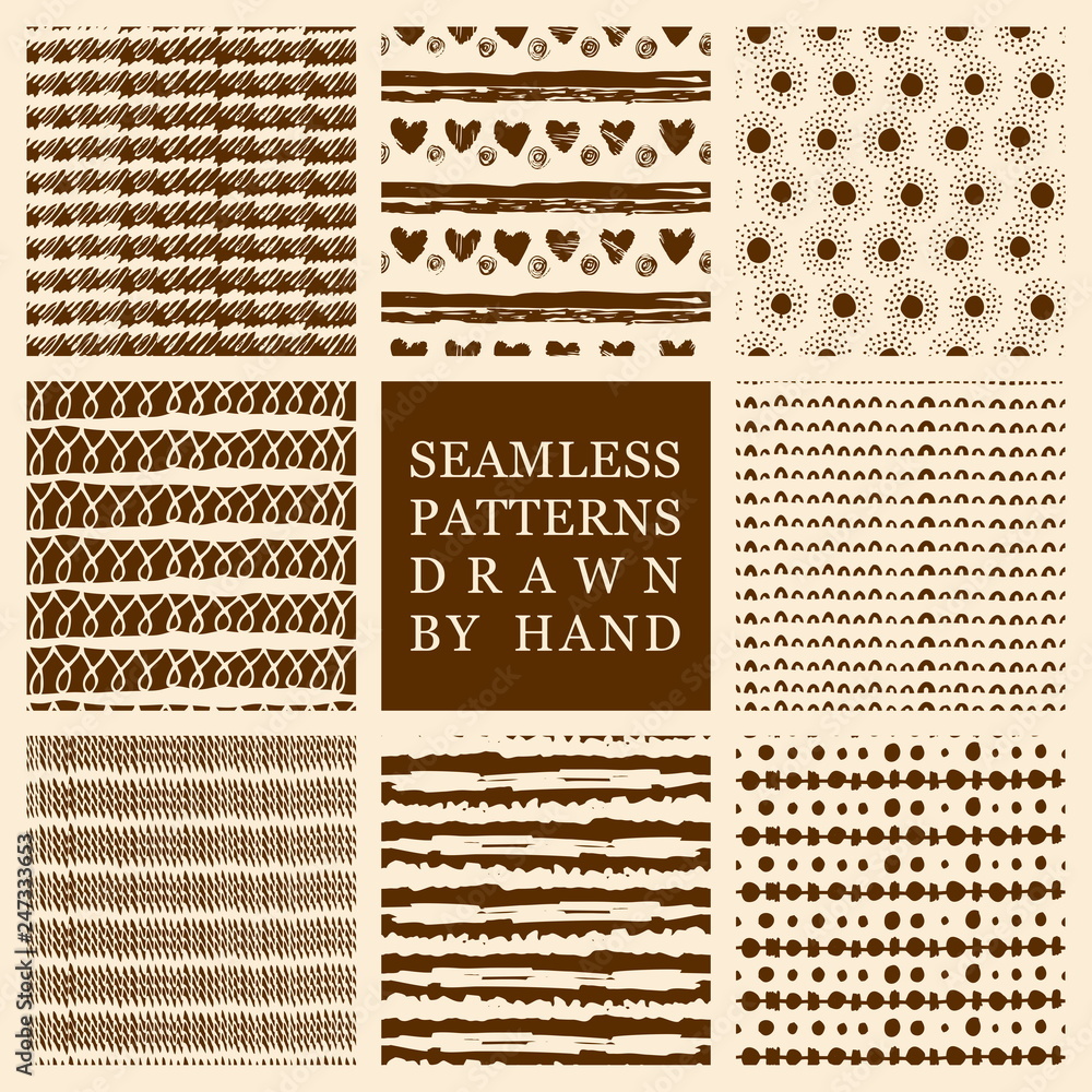 Vector set of hand drawn seamless pattern made with ink. Freehand ...