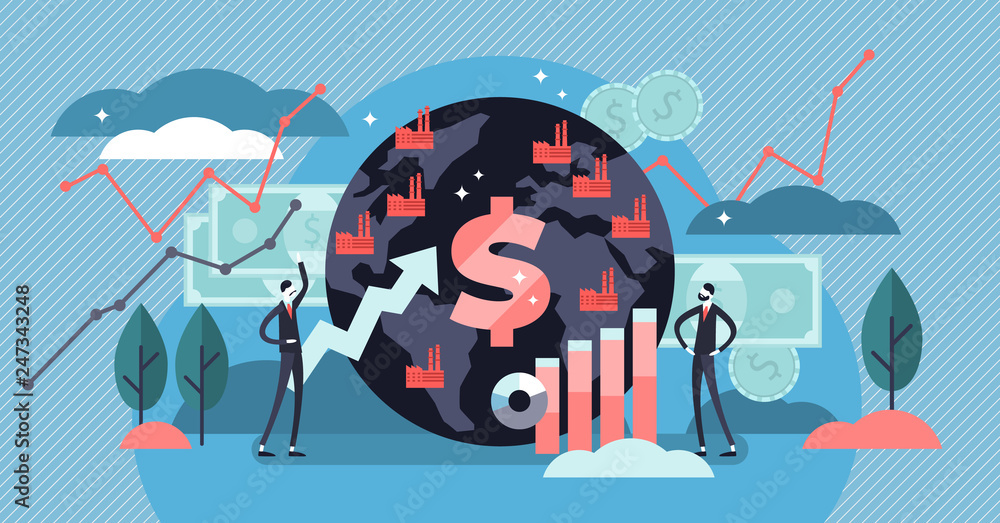 Macroeconomics vector illustration. Flat tiny finance chart persons ...