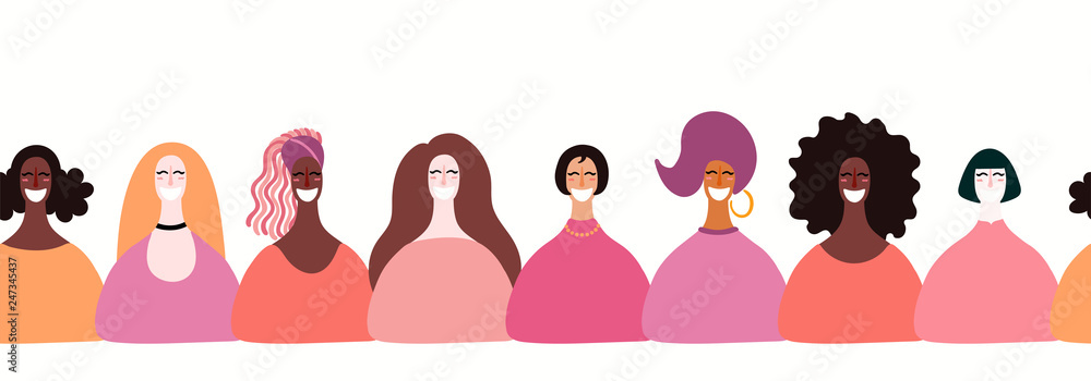 Hand drawn seamless horizontal border with diverse women faces. Vector ...