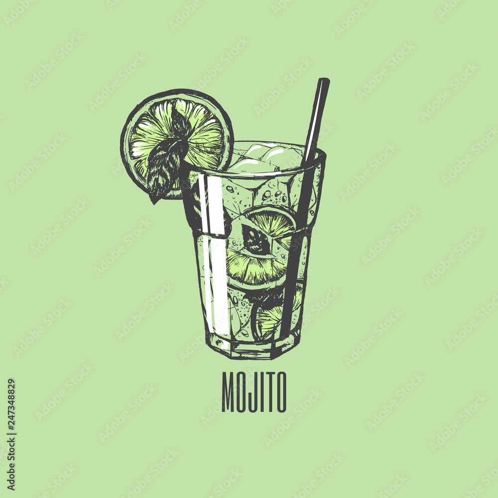 Mojito glass isolated. Vector illustration of alcoholic cocktail. Hand ...